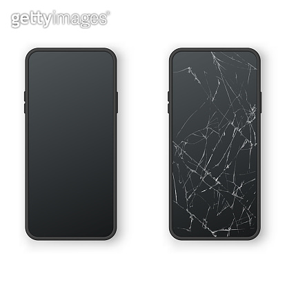 Broken and intact black phone screen front view set realistic vector ...
