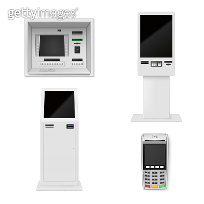 Realistic payment machine collection vector illustration. Self order kiosks, ATM, POS terminal ...