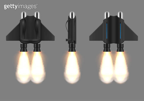 Jetpack launching fire flame futuristic device for flying front side ...