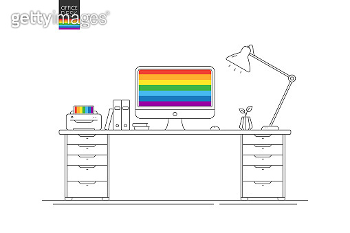 Office desk with LGBT pride flag background. Diversity culture ...