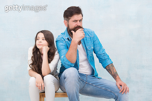 Quarrel just for fun. Unhappy father quarrel with little daughter ...