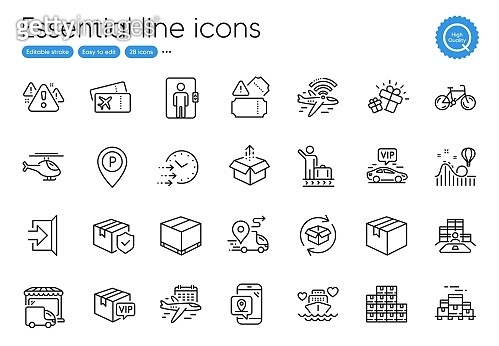 Delivery, Airplane wifi and Warning line icons. For website, printing and application. Vector ...