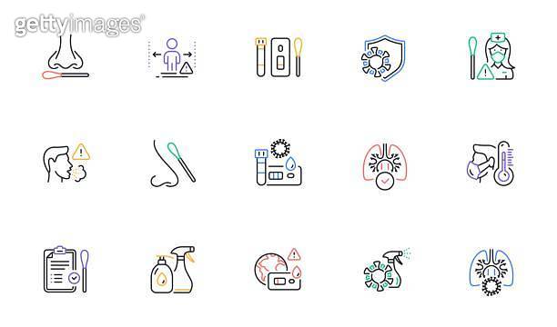 Covid Test line icons. Nasal swab and Blood testing. Social Distance ...