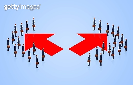 Two groups of businessmen choosing to stand around arrows in two ...