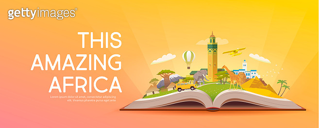 Travel to Africa. Open book with landmarks. 이미지 (1401819340) - 게티이미지뱅크
