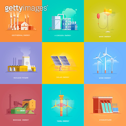 Set of illustrations on the themes of alternative energy, nuclear ...