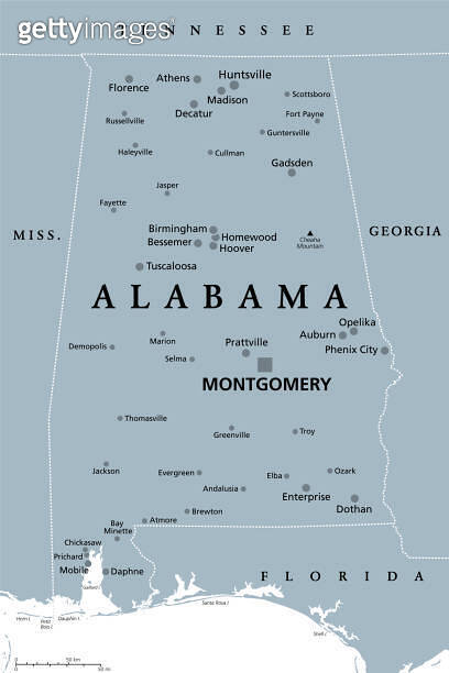 Alabama, AL, gray political map, US state, The Yellowhammer State ...