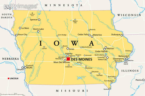 Iowa, IA, political map, US state, nicknamed The Hawkeye State 이미지 ...