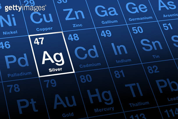 Silver, element and precious metal with symbol Ag, on the periodic ...