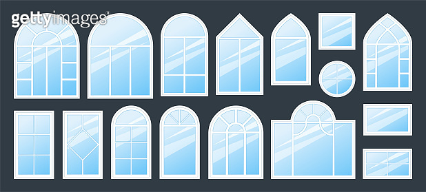 Glass window icons. Double modern hung and arch design with awning ...