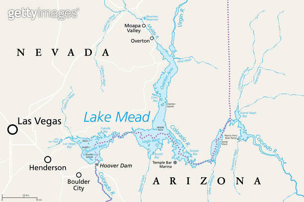 Lake Mead map, largest reservoir in the US, formed by the Hoover Dam ...