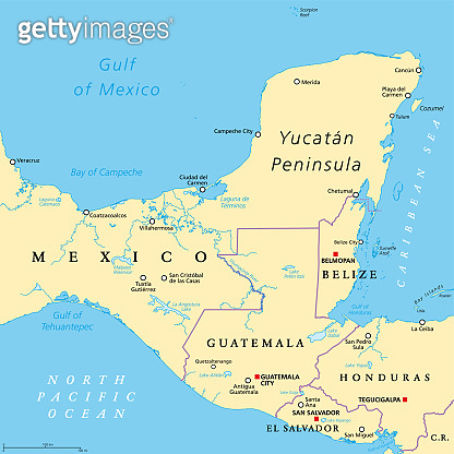 Yucatán Peninsula political map, large peninsula in southeastern Mexico ...