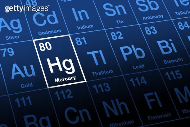 Mercury, quicksilver, element with symbol Hg, on the periodic table ...
