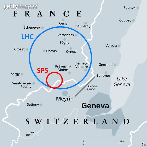 Large Hadron Collider and Super Proton Synchrotron, gray political map ...