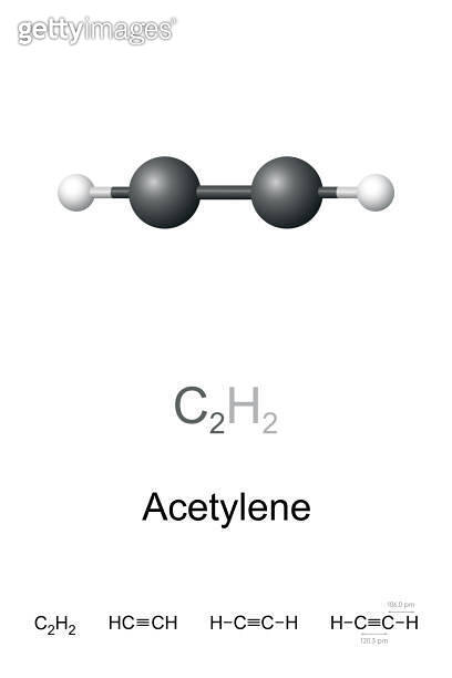 Acetylene, ethyne, C2H2, ball-and-stick model, chemical formula ...