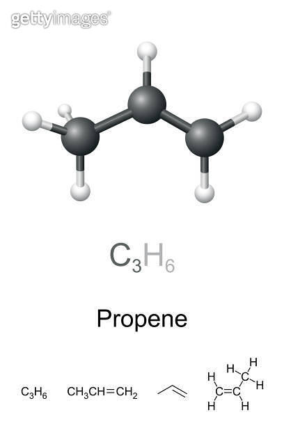 Propene, propylene, molecule model, molecular and chemical formula 이미지 ...