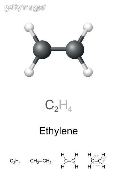 Ethylene, ethene, ball-and-stick model, molecular and chemical formula ...