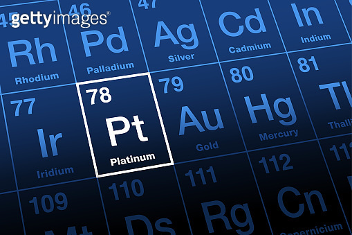 Platinum, element and noble metal with symbol Pt, on the periodic table ...