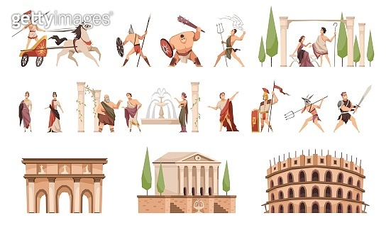 Ancient rome. Fighters with weapons and civilians, architectural ...
