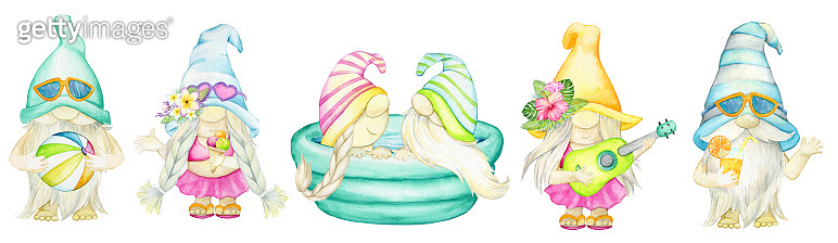 Cute gnomes sitting in an inflatable pool, against the background of ...