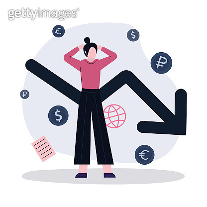 Woman with falling chart. Girl shocked by economy default. Budget deficit and global crisis ...