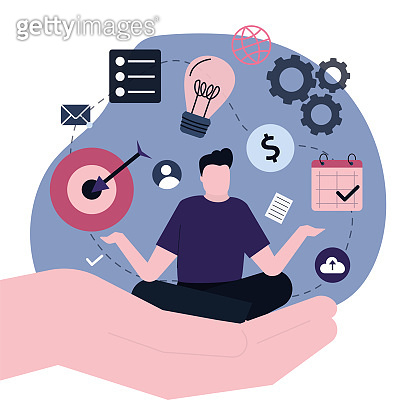 Huge human hand holding focuse cartoon man. Stay focused concept. Work ...