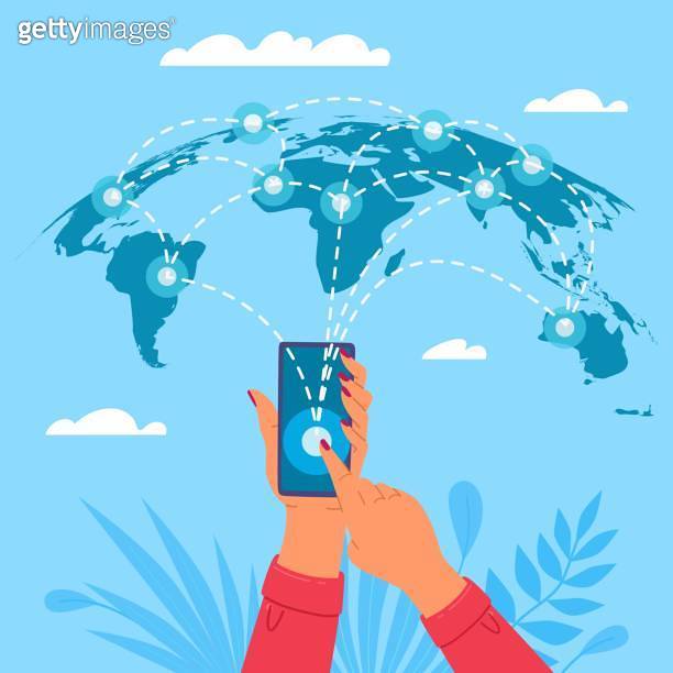 Global internet marketing. Hand holding smartphone on world map ...
