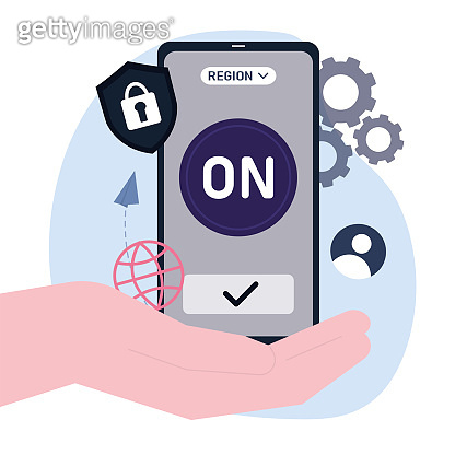 Hands holding phone with application for secure internet connection, data encryption. Person ...