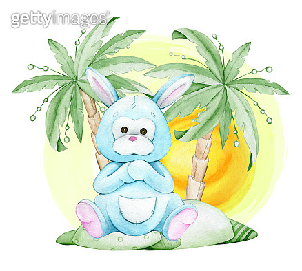 Cute kangaroo, palm trees, sun, cartoon style. Watercolor clipart, on ...
