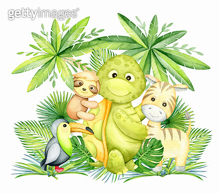 Zebra, turtle, toucan, sloth, tropical, leaves and palm trees ...