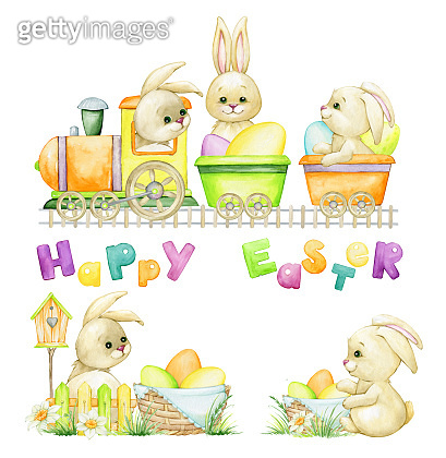 Cute bunnies, Easter eggs, train, flowers. Watercolor set of cliparts ...