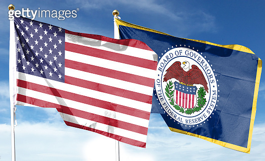 Twin Flags USA and Federal Reserve System, Fed Waving Flags with ...
