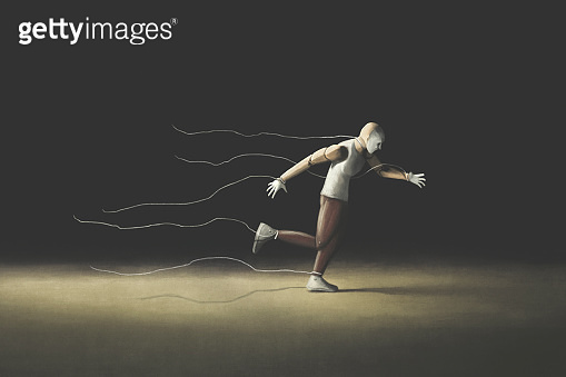 Illustration of wooden puppet running far away, surreal abstract ...