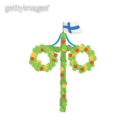 Midsummer floral wreaths, Finnish flag, maypole decorated, covered in ...