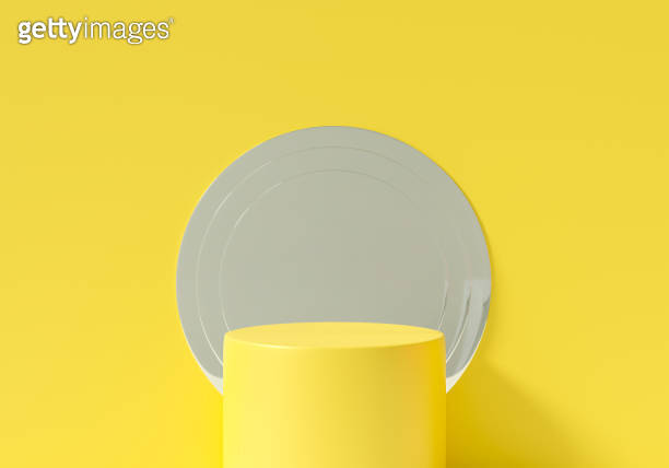Yellow background abstract scene with mirror reflection. Cylinder 3d ...