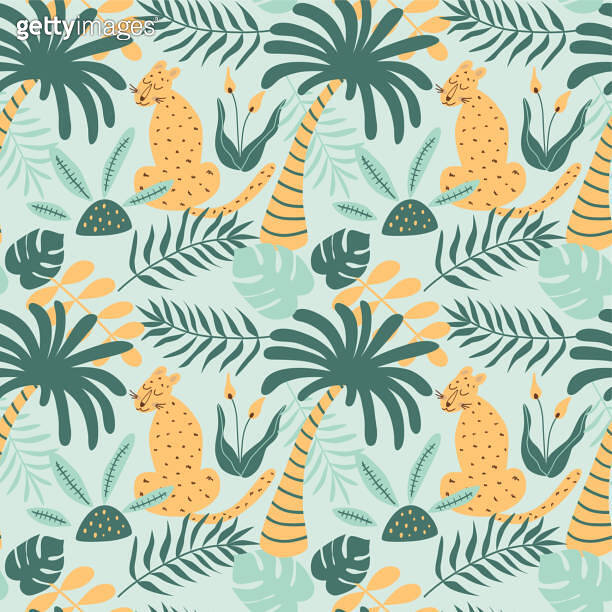 Leopard jungle pattern. Summer tropical palm leaves, wild animal ...