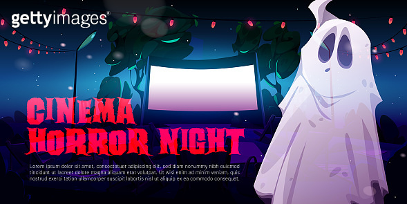 Cinema horror night cartoon banner, funny ghost 이미지 (1444153923) - 게티이미지뱅크