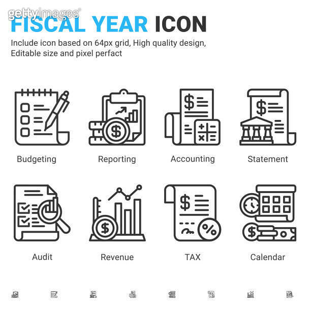 Fiscal year icon set with outline style isolated on white background ...