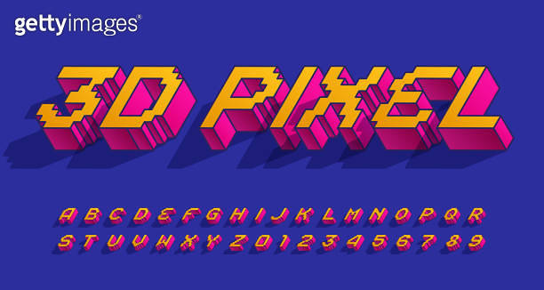3D Pixel alphabet font. Digital letters and numbers with shadow. 이미지 ...