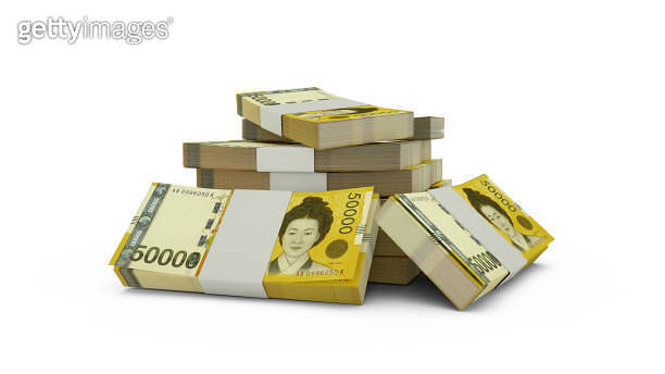 3d rendering of Stack of South Korean won notes. bundles of South ...