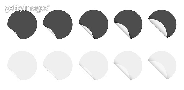 Vector adhesive round sticker with folded corner. White and black empty ...