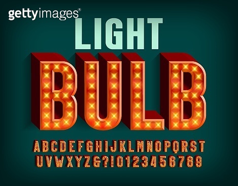 Light bulb alphabet font. 3D retro letters and numbers with light bulbs ...