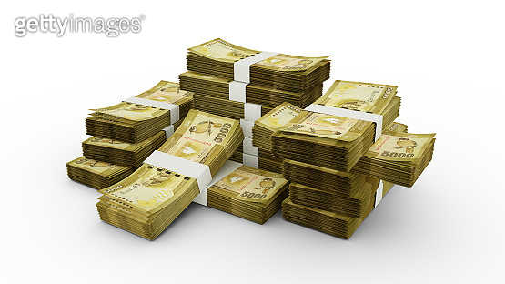 Stack of 5000 Sri Lankan rupee notes. 3D rendering of bundles of ...