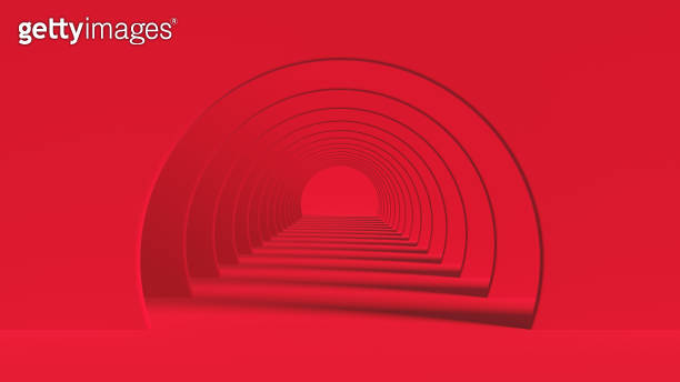 Red tunnel of round arches with lights and shadows on the floor ...