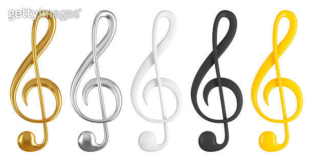 Realistic vector treble clef set. 3D illustration of golden, silver and ...