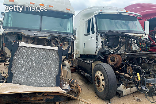 Two trucks after accident crashed, disposal of the car, cargo van ...