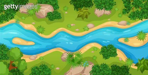 Cartoon top view river landscape with green trees, bushes and stones ...