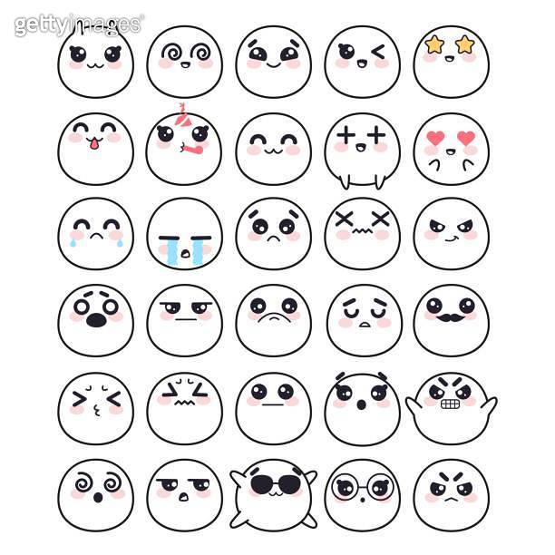 Kawaii cute faces emotion collection line art 이미지 (1453324000) - 게티이미지뱅크