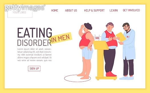Male characters are suffering from eating disorder. Vector illustration ...