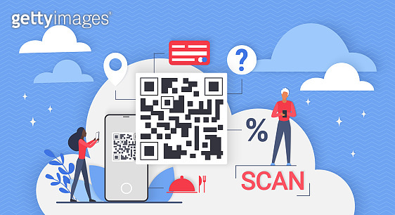 QR code, online money, tiny people with mobile phones scan barcodes for ...
